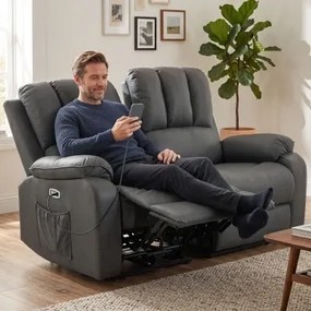 HOMCOM 2-místná elektrická relaxační pohovka z Leathaire s masážní a vyhřívací funkcí, 2 dálkové ovladače, USB-/USB-C porty