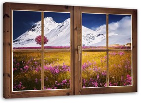Gario Obraz na plátně Okno - pohled na zasněžené hory Rozměry: 60 x 40 cm