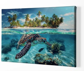 Obraz na plátně - Mořská želva a palmový ostrov FeelHappy.cz Velikost obrazu: 180 x 120 cm