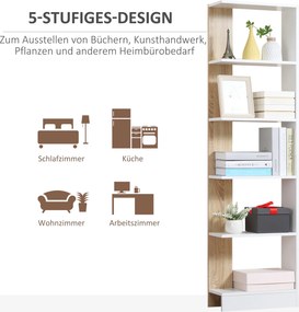 HOMCOM Regál na Knihy s 5 Policemi, Multifunkční Knihovna pro Studium a Kancelář s Zvýšeným Podstavcem, Elegantní Design 45x21x170 cm, Bílá a Dub