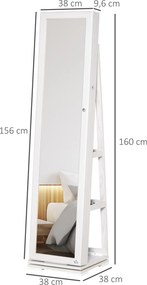 HOMCOM stojací zrcadlo na šperky, šperkovnice, 360° otočná šperkovnice se zámkem, zadní police a vestavěné malé zrcadlo 38x38x160 cm, bílá žilkovaná