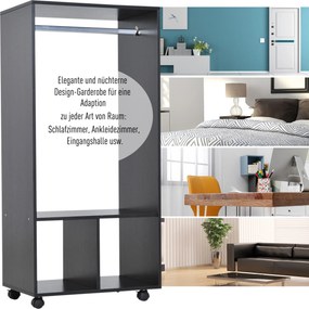 HOMCOM Skříň na kolečkách, Otevřený design s závěsnou tyčí a policemi pro organizaci oblečení do ložnice 60x40x128 cm Černá