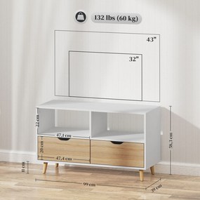 HOMCOM TV skříňka s 2 policemi a zásuvkou, 99 cm dlouhý TV stolek pro televizi, TV jednotka do obývacího pokoje, Bílá, 99 x 39 x 58,3 cm