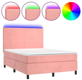 vidaXL Box spring postel s matrací a LED růžová 140x190 cm samet