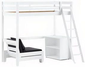 Bílá borovicová patrová postel Vipack Pino 90 x 200 cm s rozkládacím křeslem a knihovnou