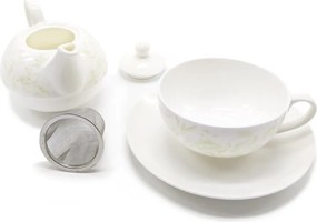 Porcelánová čajová souprava pro jednoho Julia – konvička 0,4 l + šálek a podšálek, jemný rostlinný vzor, s nerezovým sítkem