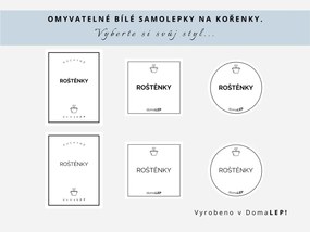 ROŠTĚNKY - omyvatelná samolepka na kořenky, výběr rozměrů Ø 5 cm / 5 x 5 cm / 6 x 8 cm | DomaLEP tvar: KOLEČKO, barva: BÍLÁ - ČERNÉ písmo, velikost: Ø 5 cm - tučné písmo