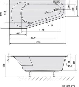 Polysan Projekta 160 x 80 cm vana asymetrická akrylátová levá 20111