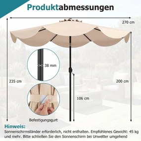 Costway Slunečník 270 cm s funkcí klikání a naklápění s 8 kovovými žebry, béžový