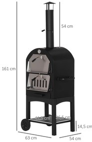 Outsunny venkovní pec na pizzu 2 v 1 s kolečky, grilovací pec, ochranný kryt, lopatka na pizzu, 2 grilovací sítě, třípatrová pec na dřevo, 63x54x161c…