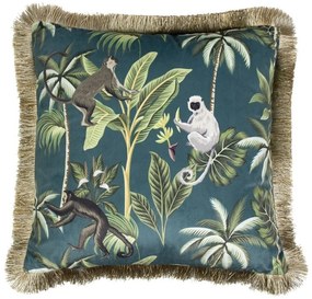Petrolejový sametový polštář s třásněmi Jungle - 45*45*10cm