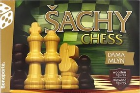 Šachy, dáma a mlýn 3v1 / Dřevěná společenská hra / oboustranná deska /