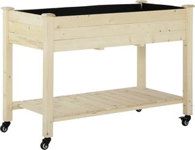 Outsunny Zvednutý městský zahradní stůl 118x55x83 cm Dřevěné zvýšené lůžko se policí Geotextilní látka Kola s brzdami Přenosné pro zahradničení na te…