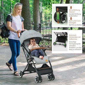 Costway Skládací kočárek s nastavitelnou opěrkou zad a nohou a šedou stříškou