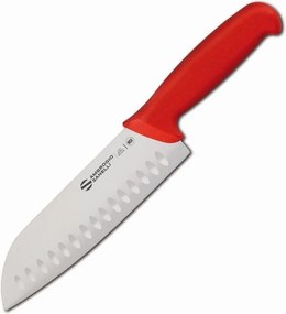 Nůž Santoku Sanelli Ambrogio Supra, grantonové ostří, 18 cm, červený