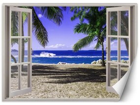 Fototapeta, Okno s výhledem na tropickou pláž - 210x150 cm