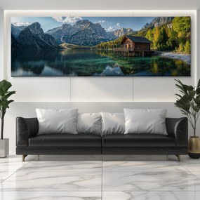 Obraz na plátně - Průzračné jezero s dřevěnou chatkou FeelHappy.cz Velikost obrazu: 210 x 70 cm