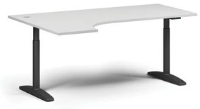 Výškově nastavitelný stůl OBOL, elektrický, 675-1325 mm, rohový levý, deska 1800x1200 mm, černá zaoblená podnož, bílá