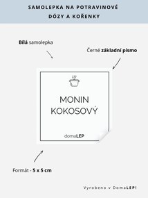 Samolepka na láhev MONIN KOKOSOVÝ 5 x 5 cm – bílá vinylová, voděodolná, omyvatelná samolepka na dózy, základní písmo