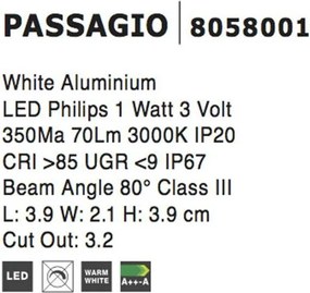 NV 8058001 Venkovní zapuštěné svítidlo do zdi PASSAGGIO bílý hliník LED 1W 3000K 3V IP54 délka kabelu 1.80m použijte driver 9020170 - NOVA LUCE