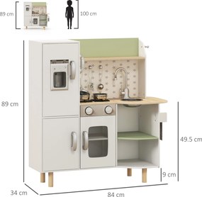Dětská dřevěná kuchyňka AIYAPLAY pro děti 3-6 let s výrobníkem ledu, nerezovým dřezem, mobilním šálkem a nádobím 84x34x89 cm Bílá