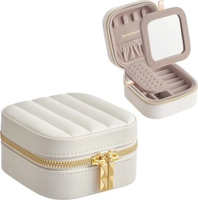 Cestovní šperkový box, malá šperkovnice-organizér se zrcadlem, 10,5 x 6 x 10,5 cm, oblá bílá