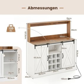 Costway Kuchyňský příborník s zásuvkami 220 V a USB porty, 128 x 40 x 120 cm JV10896DE-WH