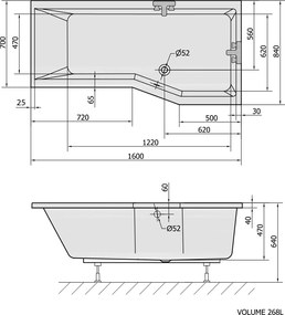 Polysan, VERSYS R asymetrická vana 160x84x70x47cm, bílá, 15611