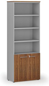 Kombinovaná kancelářská skříň PRIMO GRAY, dveře na 2 patra, 800 x 420 x 2128 mm, šedá/ořech