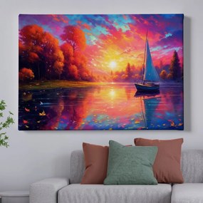 Obraz na plátně - Malá plachetnice při západu slunce FeelHappy.cz Velikost obrazu: 210 x 140 cm