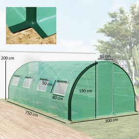 Zahradní tunelová skleník Outsunny, tunelový skleník 18 m², s 8 okny a 2 otočnými dveřmi, PE kryt, konstrukce z pozinkované oceli, 6 x 3 x 2 m, zelený