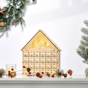HOMCOM Adventní kalendář s LED osvětlením, 24 zásuvek, scéna betlému, 26,6 x 30 cm, vzhled dřeva