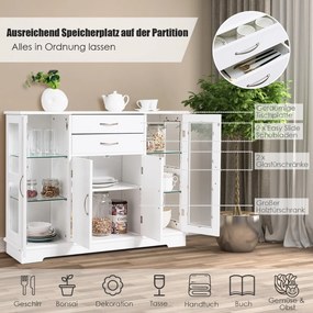 Costway Dřevěná úložná skříň s dvířky a zásuvkami z tvrzeného skla v bílé barvě