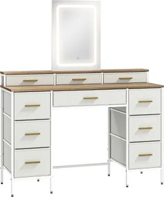 HOMCOM toaletní stolek se zrcadlem a 3-barevným LED osvětlením, toaletní stolek s 10 látkovými zásuvkami, 118,5 x 39,5 x 140 cm přírodní