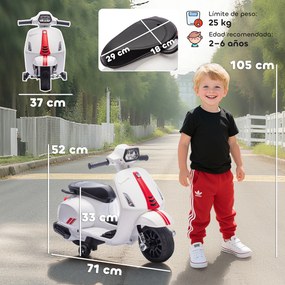 AIYAPLAY Elektrická dětská motorka pro 2–6 let s baterií 6V, světlometem, houkačkou a pomocnými kolečky, bílá