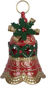 Kouzelný červeno-zelený kovový vánoční zvonek s cesmínou - Ø 21*29 cm