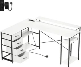 HOMCOM reverzibilní L-pisací stůl se 4 látkovými šuplíky, 2 zásuvkami a 2 USB porty, držák monitoru 155x112 cm, bílý