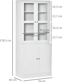 HOMCOM Knihovna 178,5 cm Vysoká skříň Vitrína se skleněnými dvířky 6 přihrádek Kuchyňská skříňka do obývacího pokoje Kuchyně bílá