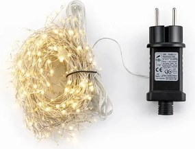 LED světelný řetěz, kapičky na drátku, 3 m, venkovní, teple bílá, 600 diod, stříbrný kabel, IP44, vč. zdroje
