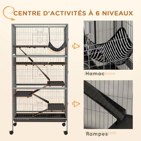 Pawhut Multifunkční klec pro hlodavce se 4 platformami, 3 rampami a 4 dvířky, rozměry 80L x 52W x 159H cm, šedá, stříbrná, černá, ocel