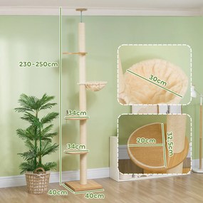PawHut škrabadlo, kočičí škrabadlo vysoké, 230-250 cm, šplhací strom s houpací sítí, výškově nastavitelný kočičí strom, strom na hraní s ochranou pro…