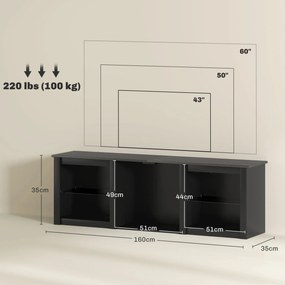 HOMCOM TV nábytek s LED osvětlením pro televizory až do 65 palců, 160 cm s nastavitelnými skleněnými poličkami, černé