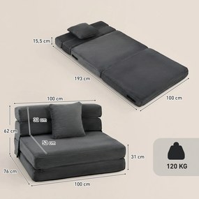 HOMCOM 2-v-1 Boneless Cloud podlahová židle, skládací spací křeslo s kordurovým vzhledem a bederním polštářem, tmavě šedá