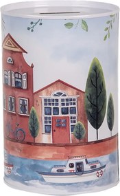 Červená plechová kasička s motivem domečků a loděk na pobřeží – 10x15 cm
