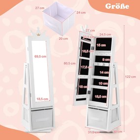 Costway Dětská skříňka na šperky 3 v 1 se zrcadlem po celé délce a úložným košem