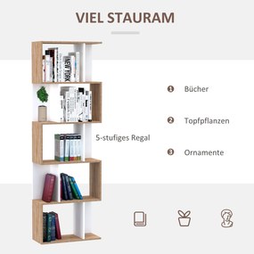 HOMCOM Moderní Regál S Tvarovým Designem, 4 Poličky, 60 Š x 24 H x 148 V cm, Dub Bílý