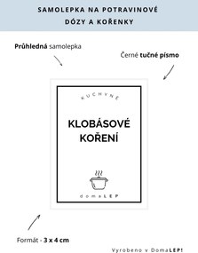 Samolepka na kořenky KLOBÁSOVÉ KOŘENÍ průhledná 3 × 4 cm tučné písmo