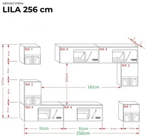 Ral Obývací stěna LILA 7, 256 cm - Černý lesk