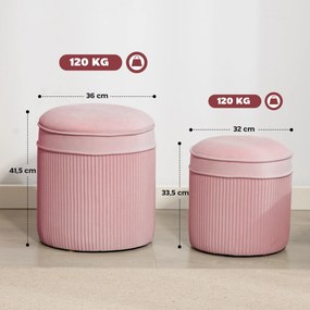 HOMCOM Sada 2 stohovatelných kulatých pufů s sametovým potahem a úložným prostorem 34,8L, růžová