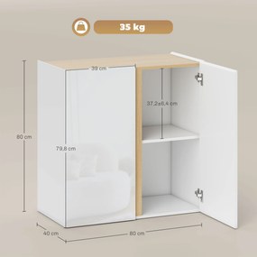 HOMCOM vysoký lesklý bufet, úložná skříňka se 2 měkce zavírajícími se dvířky a nastavitelnou policí, 80x40x80 cm, bílá